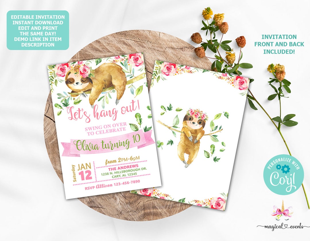 Sloth Girl Birthday Invitation, Lets Hang Out Girl Birthday Invite ...