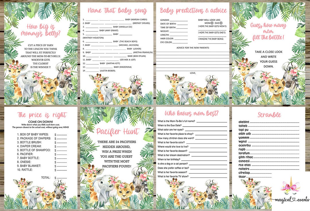 Safari Baby Shower Games Bundle, Girl Safari Games Package, Girl Safari ...