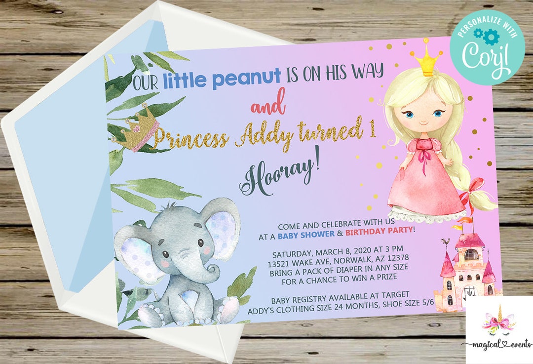 Siblings Combined Baby Shower and Birthday Invitation, Elephant Baby ...