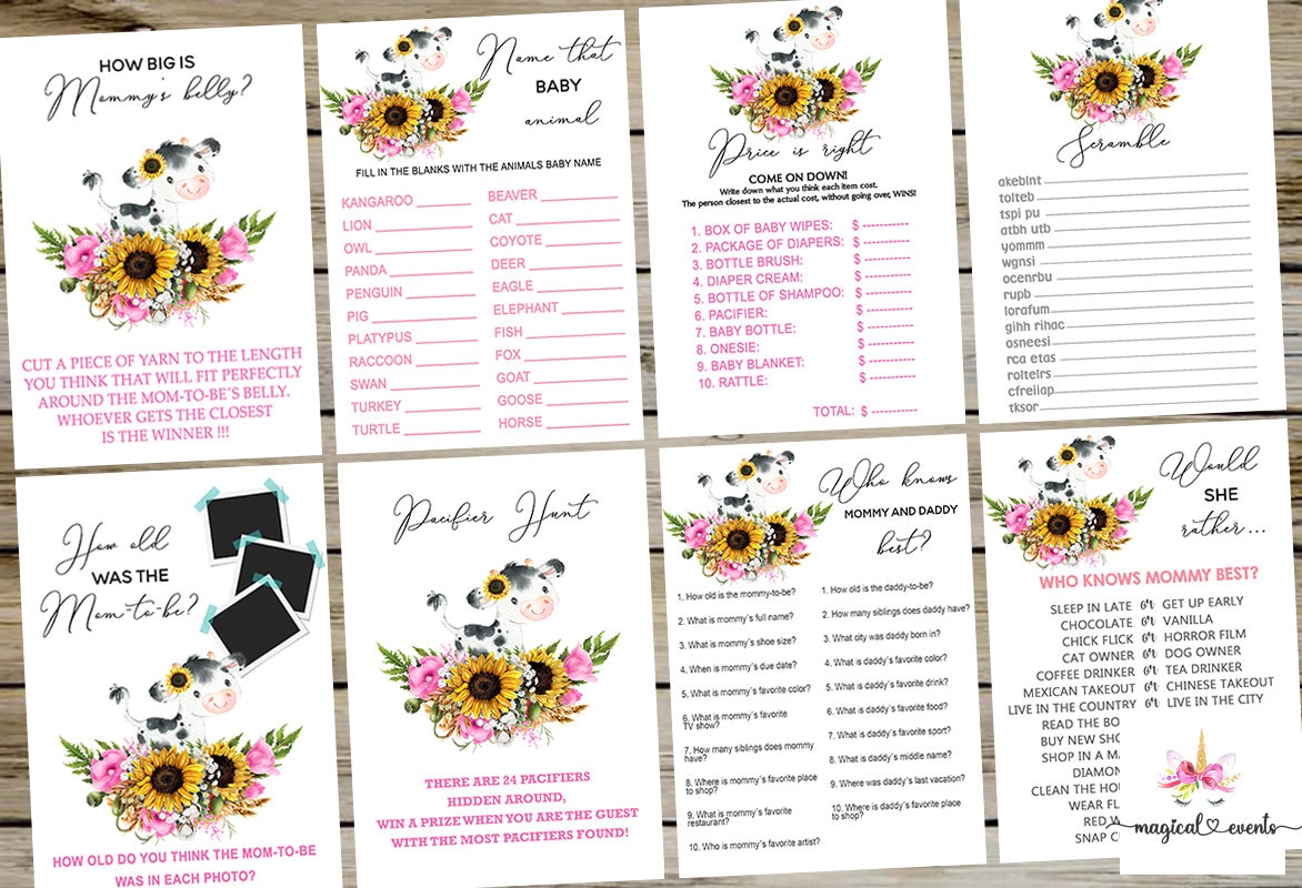 Cow and Sunflowers Baby Shower Games Bundle, Cow Sunflowers Pink ...