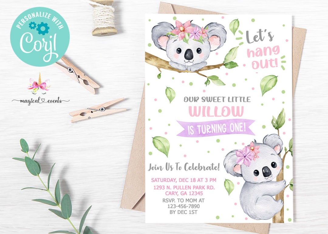 Koala Girl Birthday Invitation, Girl Birthday Invite, Koala Bear ...
