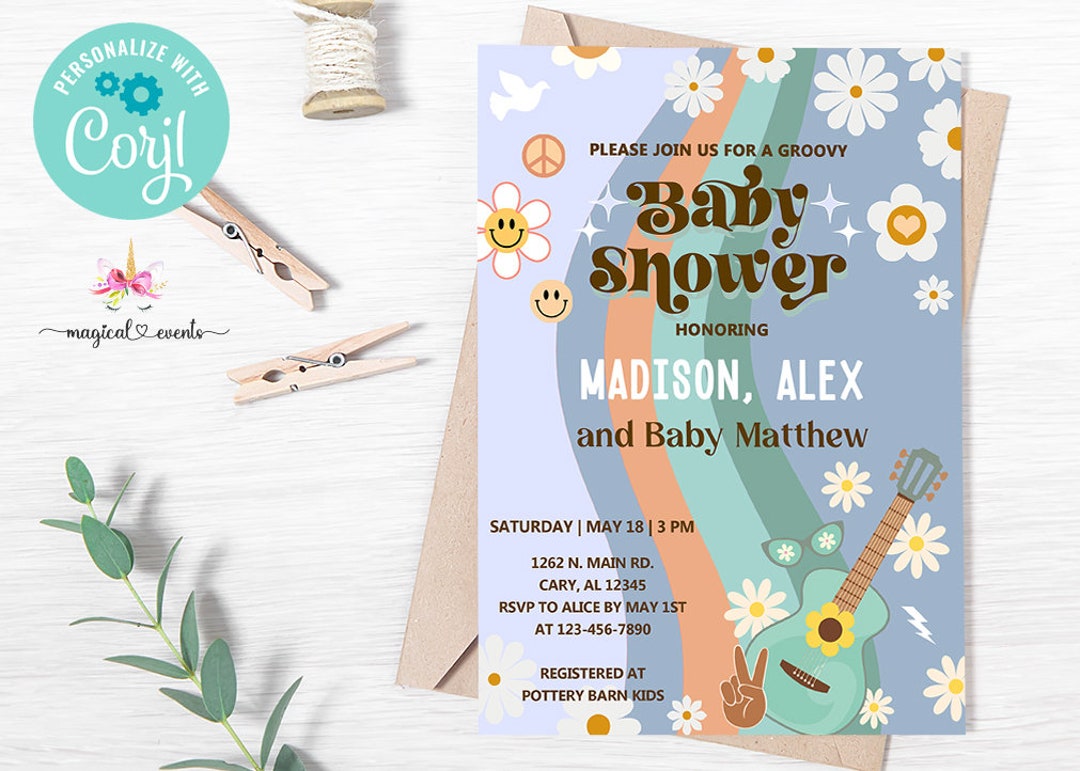Groovy Baby Shower Invitation, 70's Retro Hippie Daisies Blue Guitar ...