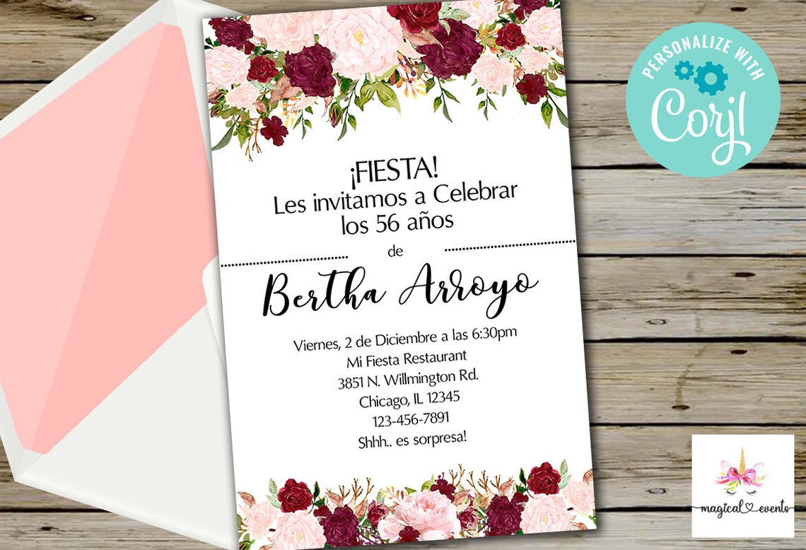 Fiesta Spanish Birthday Invitation Español Spanish Burgundy - Etsy