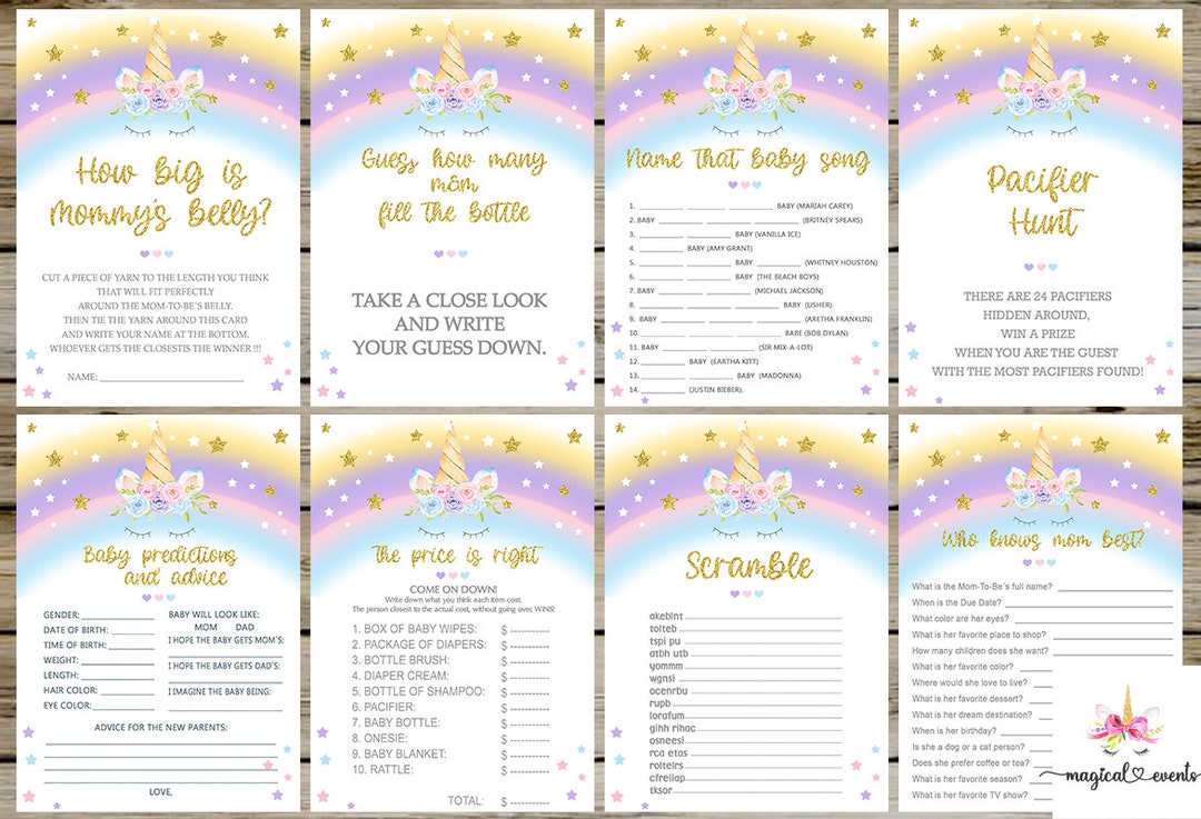 Unicorn & Pastel Rainbow Baby Shower Games Bundle, Girl Baby Shower ...