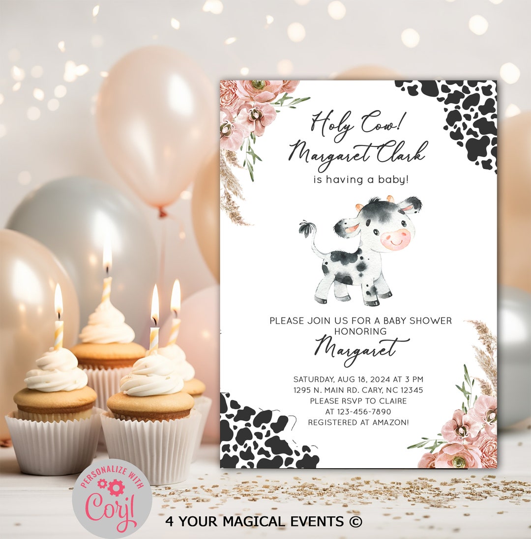 Pink Cow Baby Shower Invitation, Girl Shower Invite, Digital Printable ...