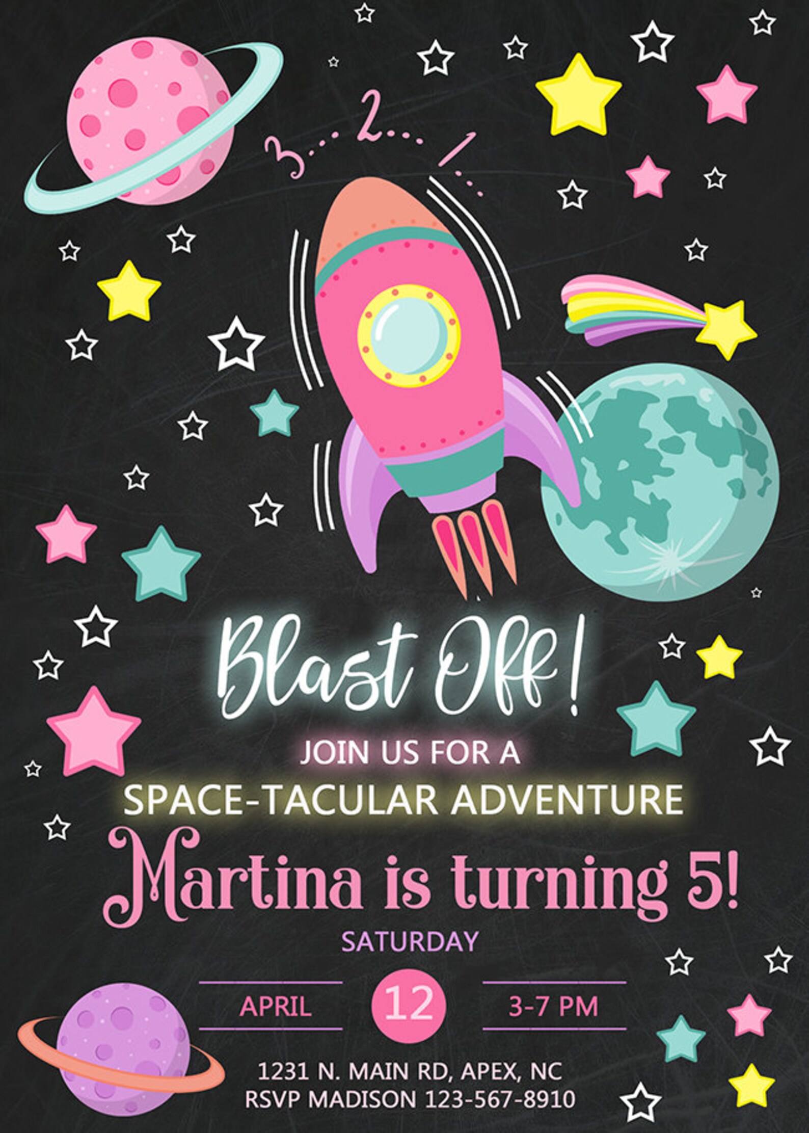Outer Space Blast off Birthday Invitation Girl 5th Birthday - Etsy