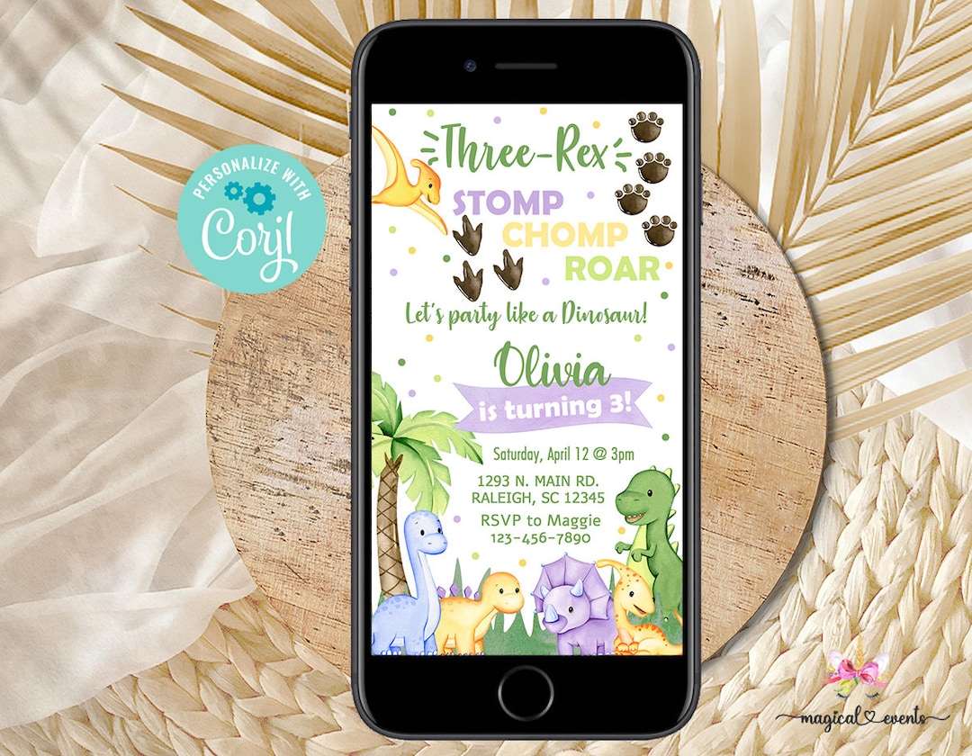 Dinosaurs Girl Birthday Cell Phone Invite, Dinos Three-rex Birthday ...