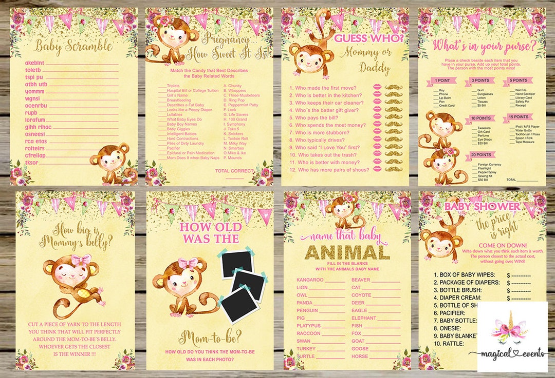 Monkey Baby Shower Games Signs and Cards Bundle, Girl Monkey Games ...