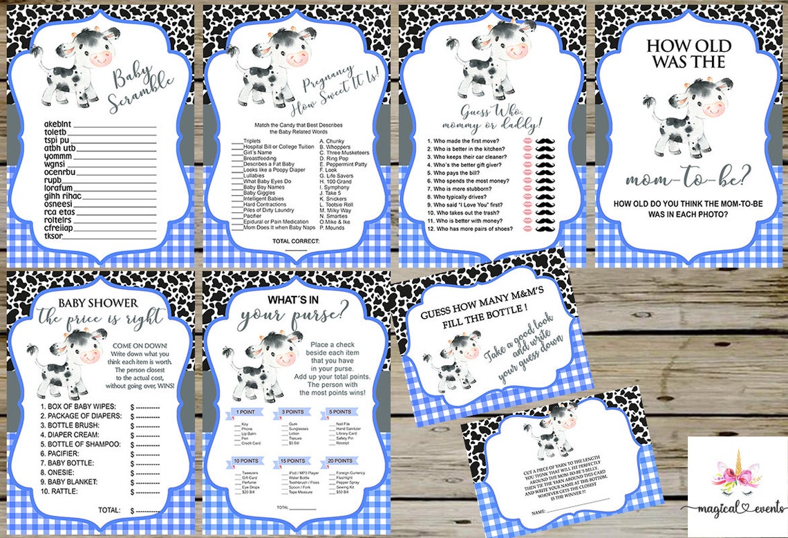 Blue Cow Baby Shower Games Bundle, Blue Cow Games Package, Baby Cow ...