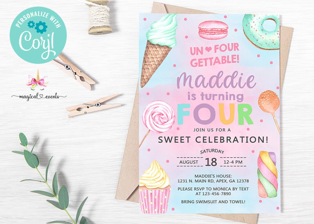 Candy Un-four-gettable 4th Birthday Invitation, Girl 4th Birthday ...