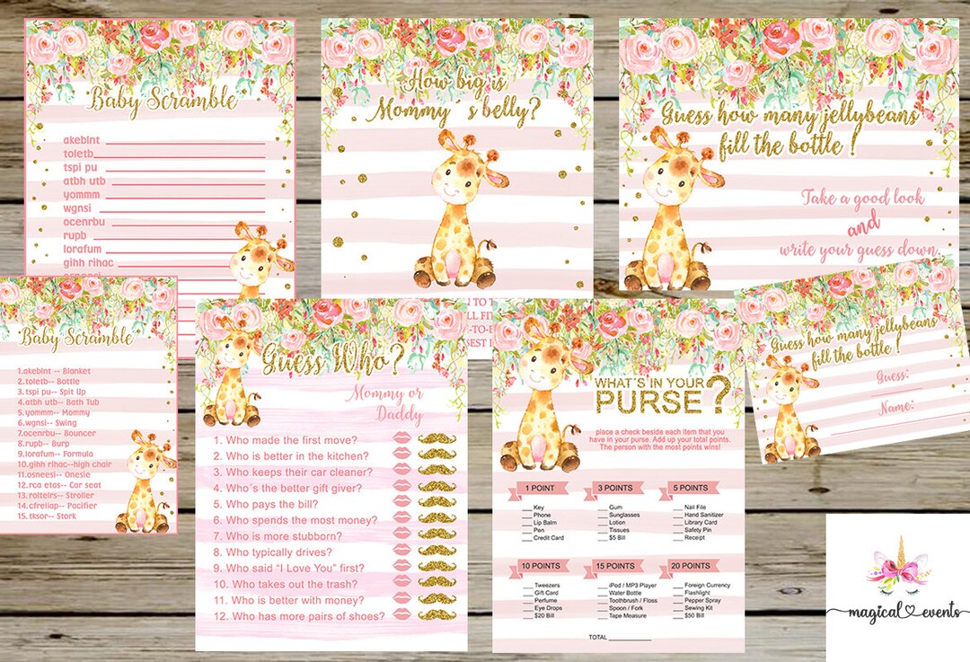 Giraffe Baby Shower Games Bundle, Girl Baby Shower Games, Giraffe Games ...