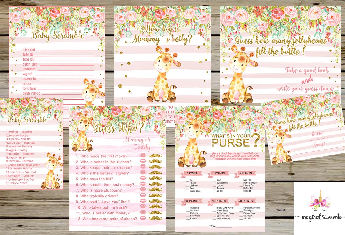 Giraffe Baby Shower Games Bundle Girl Baby Shower Games | Etsy