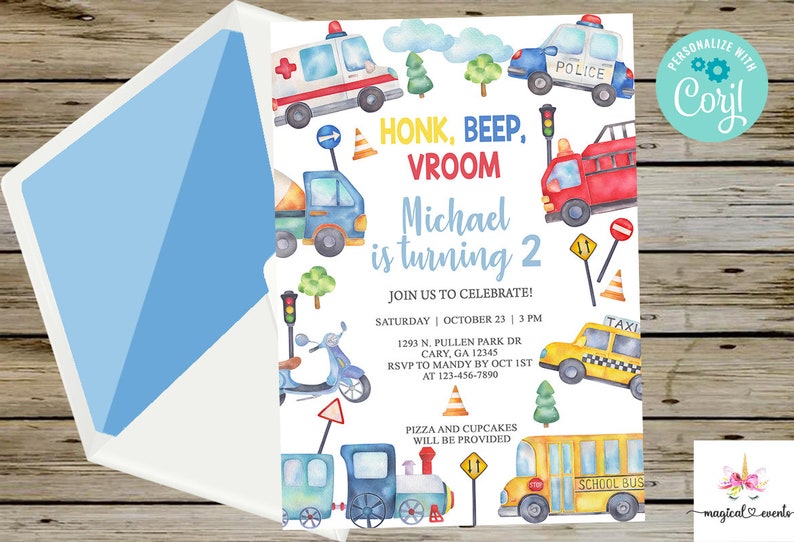 Boy Transportation Birthday Invitation, Transport, Vehicles, Cars ...