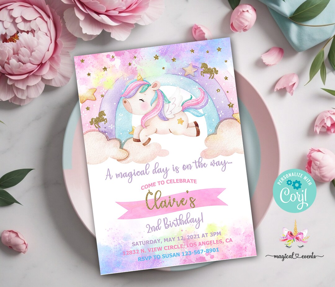 Unicorn and Rainbow Girl Birthday Invitation, Girl Birthday Party ...