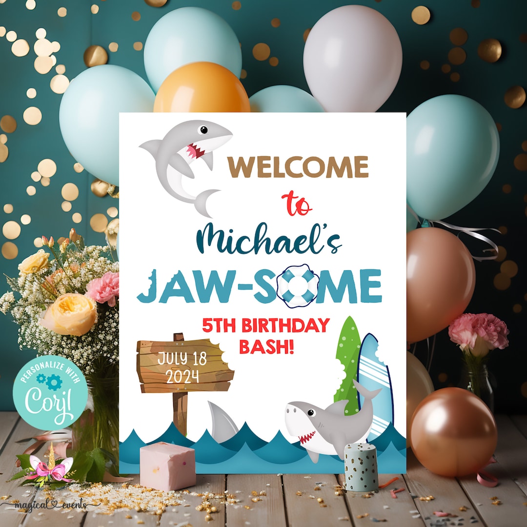 16x20 Boy Sharks Shark Birthday Welcome Sign, Jawsome Birthday Bash ...
