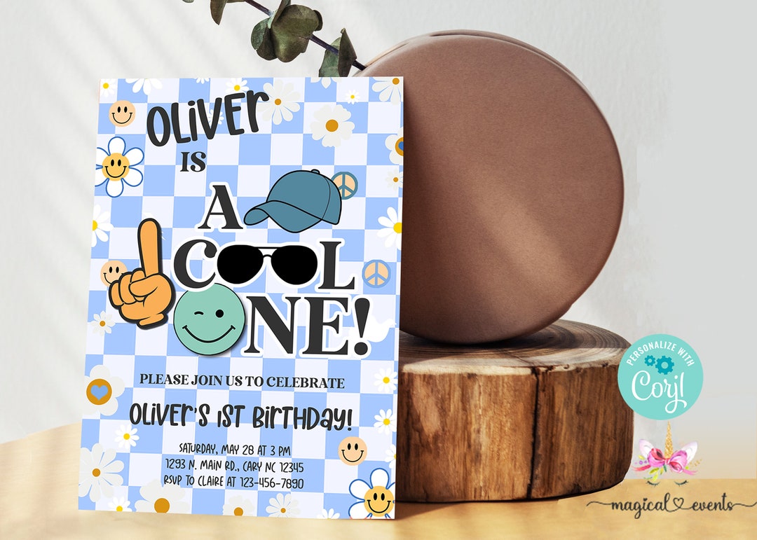 Boy COOL ONE 1st First Birthday Invitation, 70s Retro Smileys Hippie ...