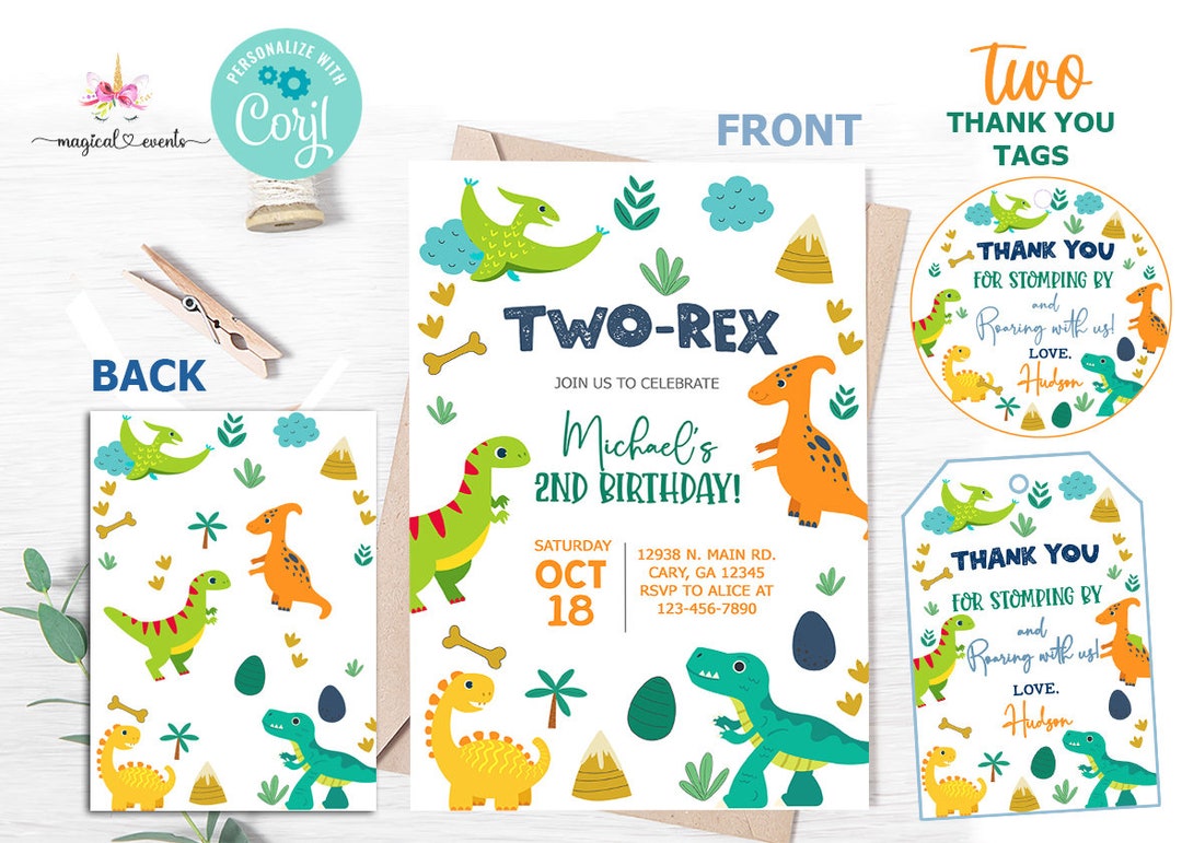 TWO-REX Boy Dinosaur Birthday Invitation Bundle, Birthday Invite Front ...