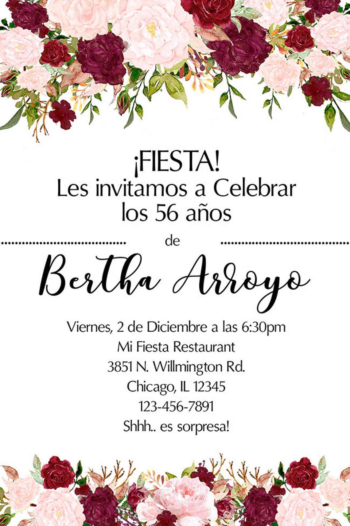 Fiesta Spanish Birthday Invitation, Español Spanish, Burgundy Pink ...