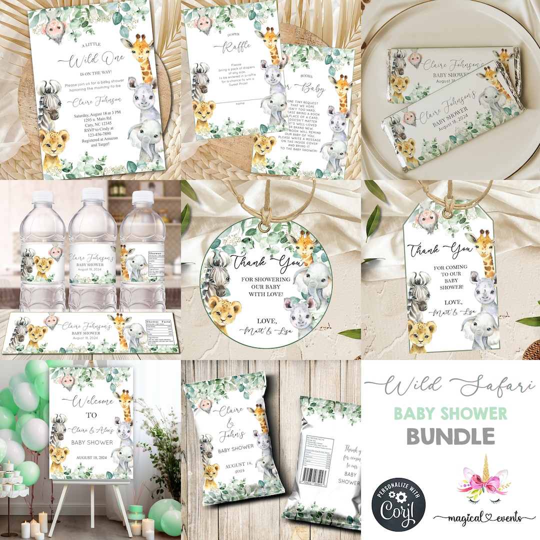Safari Heads / Jungle Boy Baby Shower Bundle Pack, Chips Bag Water ...