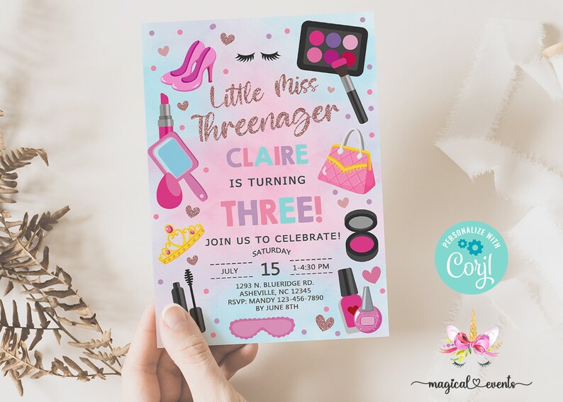 Threenager Fashion & Makeup Girl 3rd Third Birthday Invitation, Girl ...