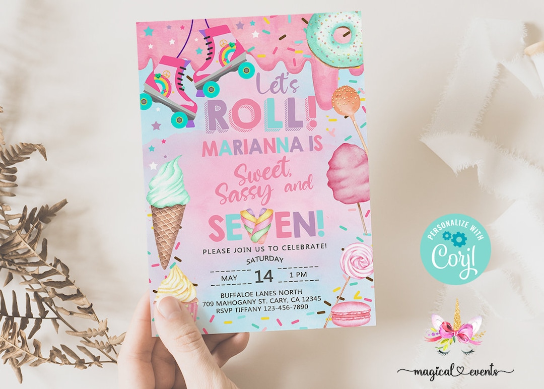 Sweet Seven Girl Birthday Invitation, Girl 7th Birthday Invite, Cotton ...