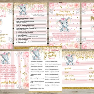 Elephant Baby Shower Games Bundle, Girl Baby Shower Games Package ...