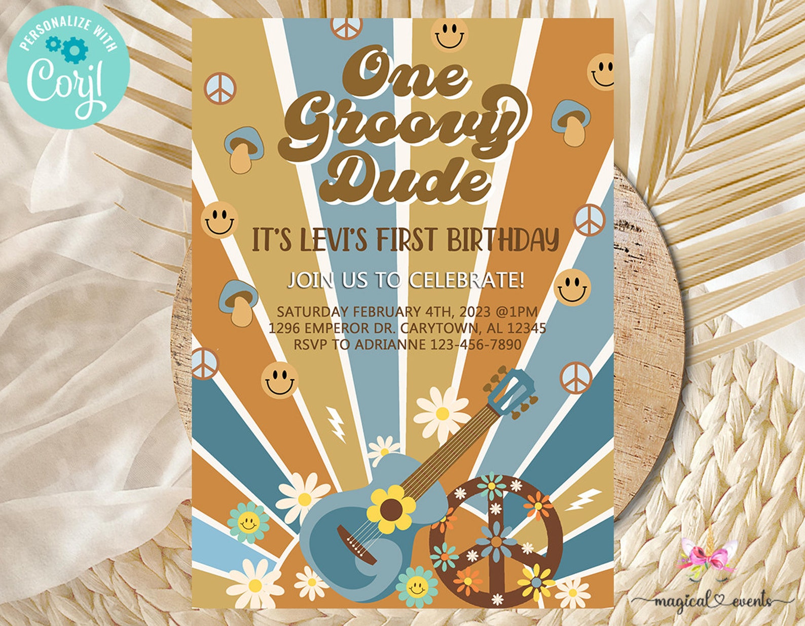 One Groovy Dude 1st Birthday Invitation, 70's Retro Hippie Guitar ...