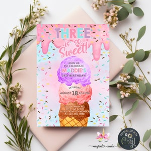 THREE is so SWEET Ice Cream 3rd Third Birthday Invitation, Girl ...
