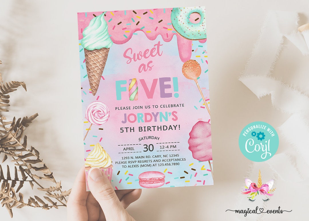 Candy Sweet as Five Girl 5th Birthday Invitation, Invite, Cotton Candy ...