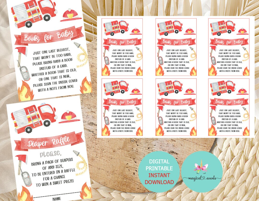 Firefighter Baby Shower Diaper Raffle and Books for Baby Cards, Red ...