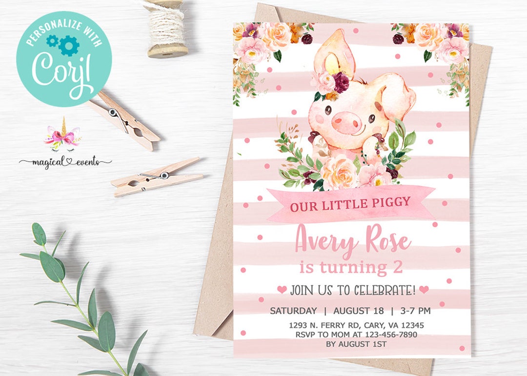 Piggy Girl Birthday Invitation, Girl Pig Birthday Invite, Digital ...