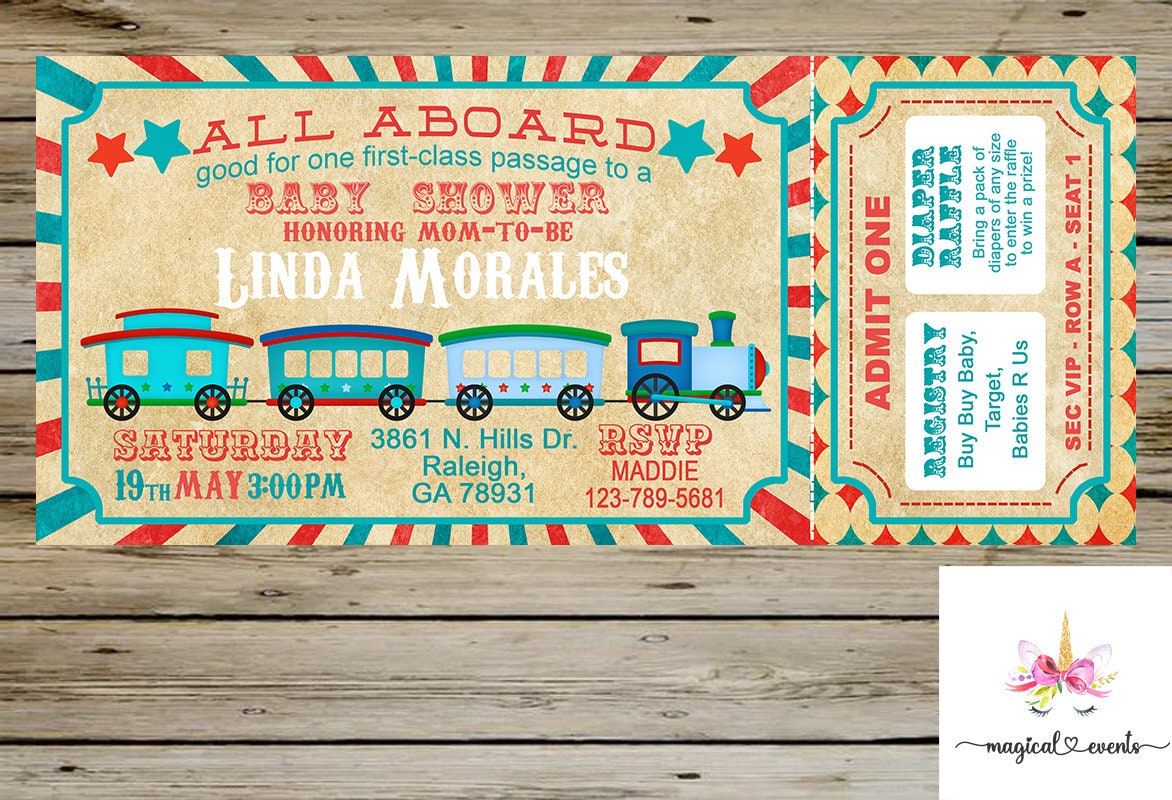 All Aboard Train Ticket Baby Shower Invitation, Boy Baby Shower Invite ...