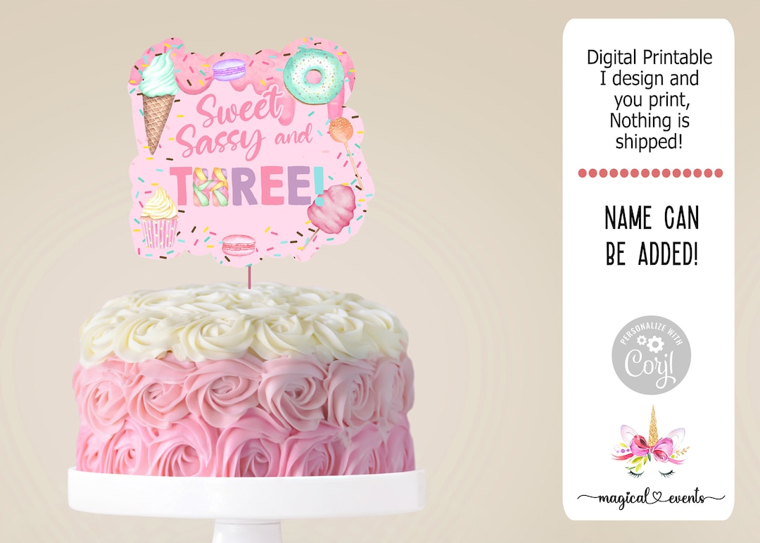 Sweet Sassy and Three Girl 3rd Birthday Cake Topper / Centerpiece, Girl ...