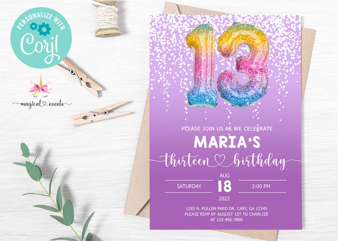 Girl Sweet 13 Birthday Invitation, Girl 13th Birthday Invite, Digital ...
