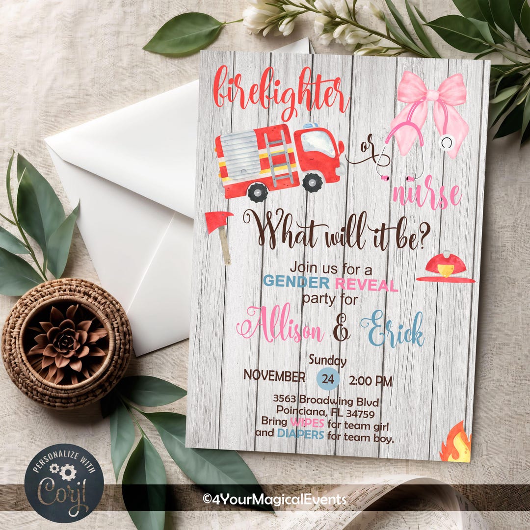 Firefighter or Nurse Gender Reveal Invitation, Gender Reveal Invite ...