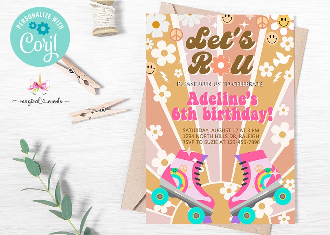 Groovy Roller Skating Birthday Invitation, 70's Retro Hippie Daysies ...