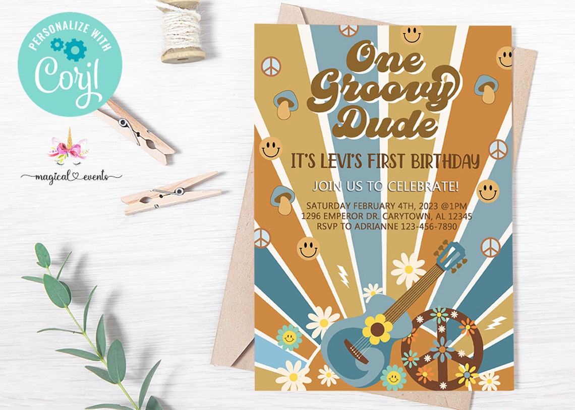 One Groovy Dude 1st Birthday Invitation, 70's Retro Hippie Guitar ...