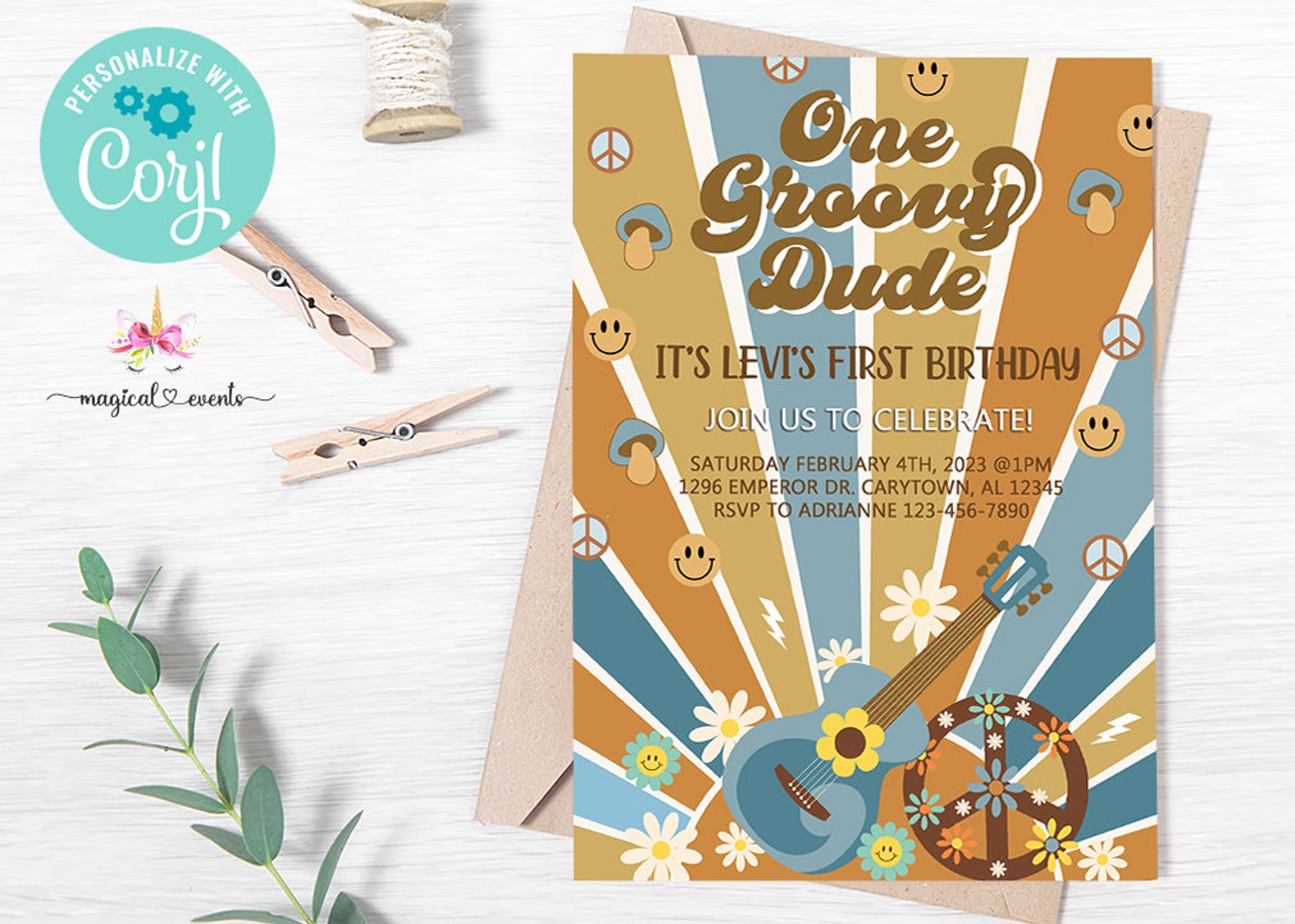One Groovy Dude 1st Birthday Invitation, 70's Retro Hippie Guitar ...