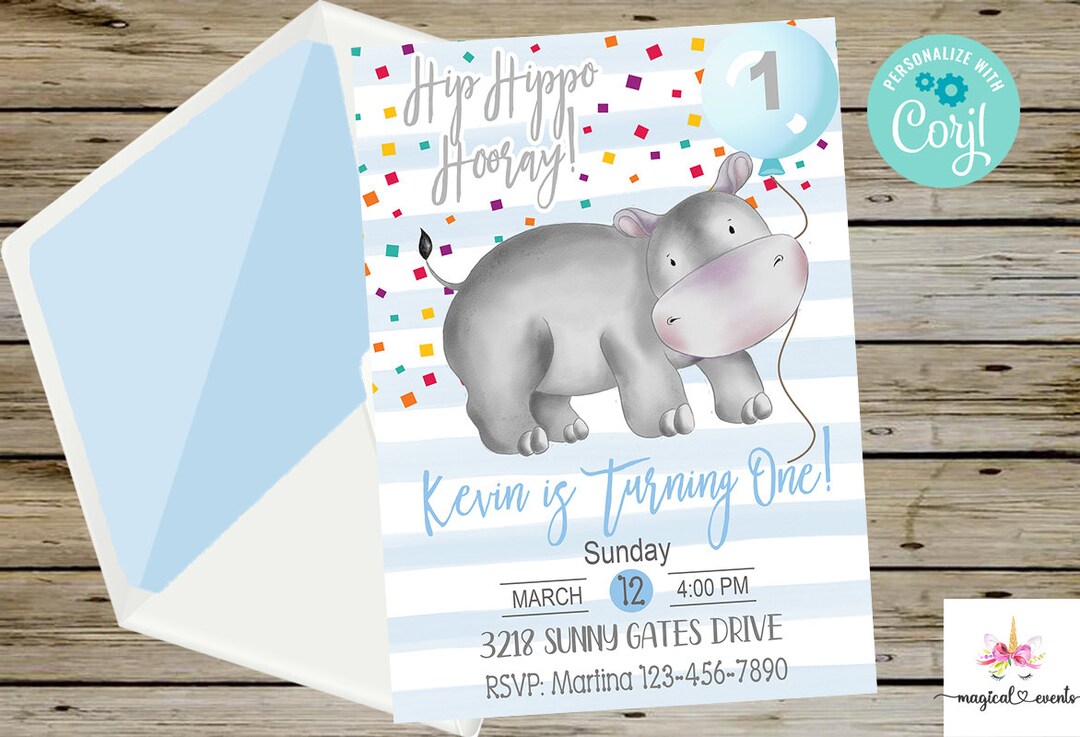 Hip Hippo Hooray Birthday Invitation, Blue Hippo Boy Birthday Party ...