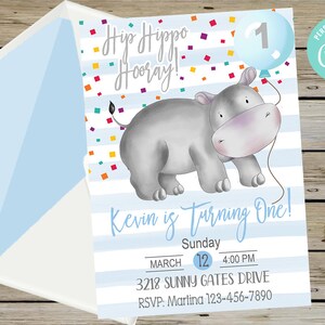 Hip Hippo Hooray Birthday Invitation, Blue Hippo Boy Birthday Party ...