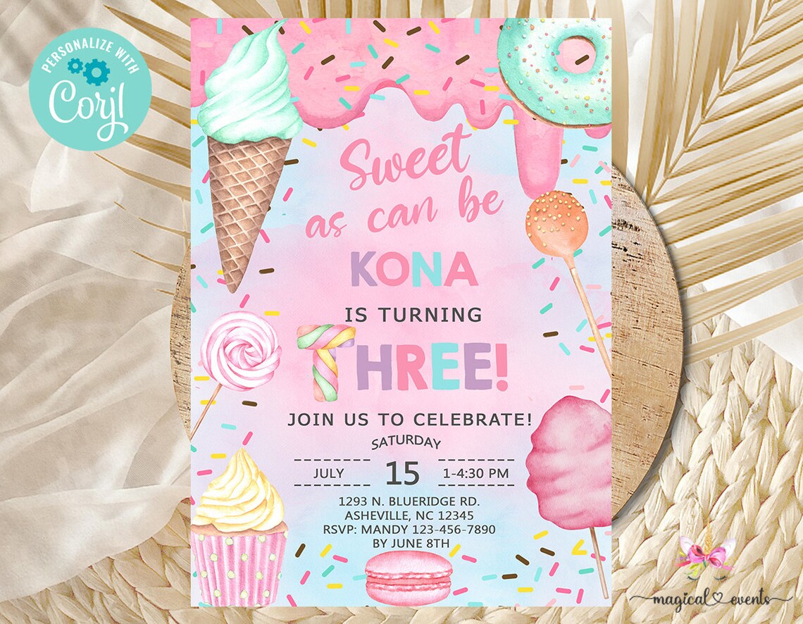 SWEET as Can Be Girl 3rd Third Birthday Invitation, Birthday Invite ...