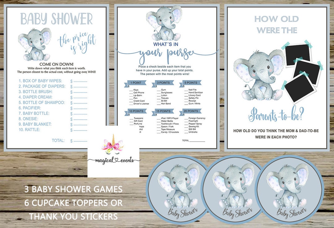 Blue Elephant Baby Shower Games Bundle, Boy Baby Shower Games, Blue ...