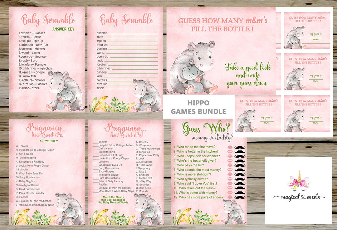 Mom and Baby Hippo Baby Shower Games Bundle, Girl Baby Shower Games ...