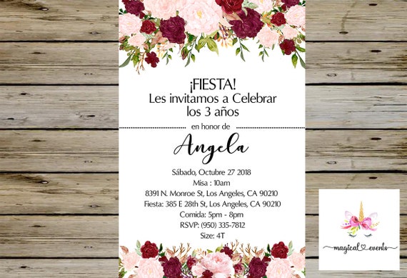 Fiesta Spanish Birthday Invitation Español Burgundy Pink | Etsy