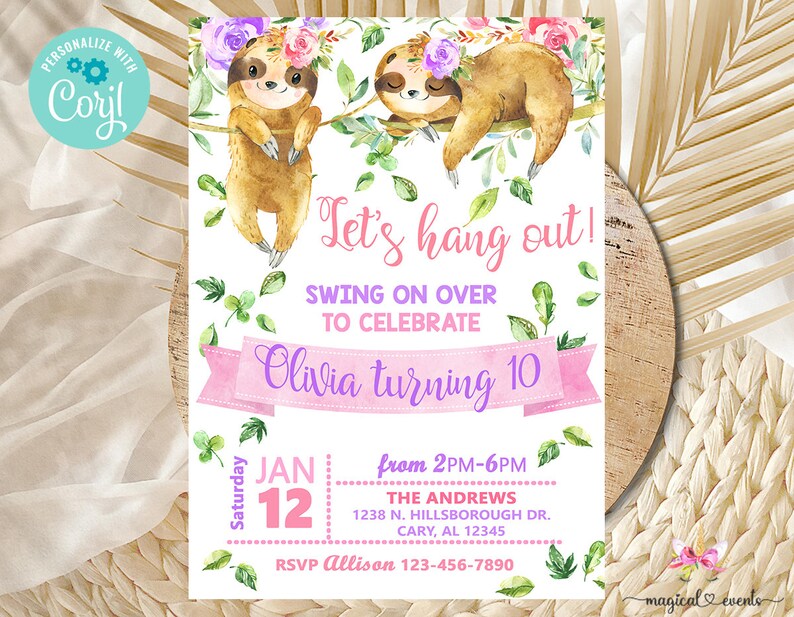 Sloth Girl Birthday Invitation Lets Hang Out Girl Birthday - Etsy