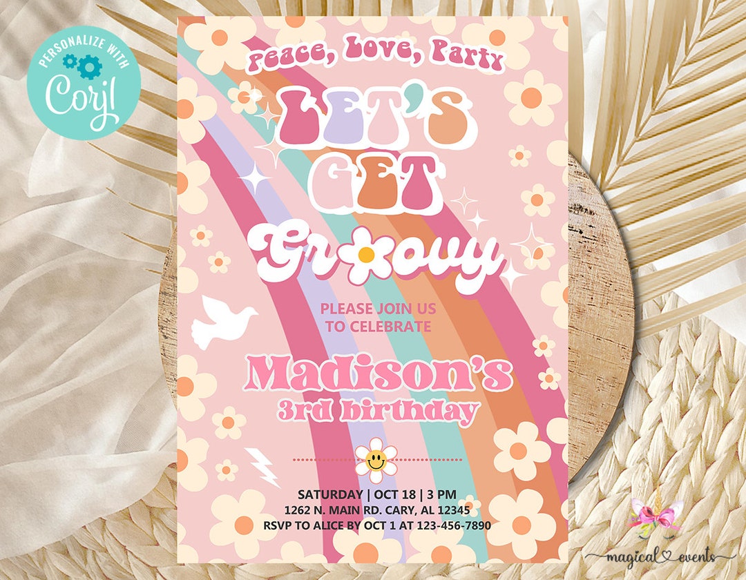 Let's Get Groovy Girl Birthday Invitation, 70s Retro Smileys Hippie ...
