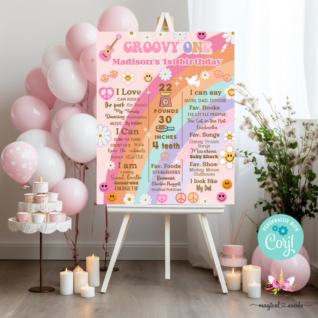 Groovy One Girl Birthday Chalkboard, Girl Groovy Birthday Sign Poster ...