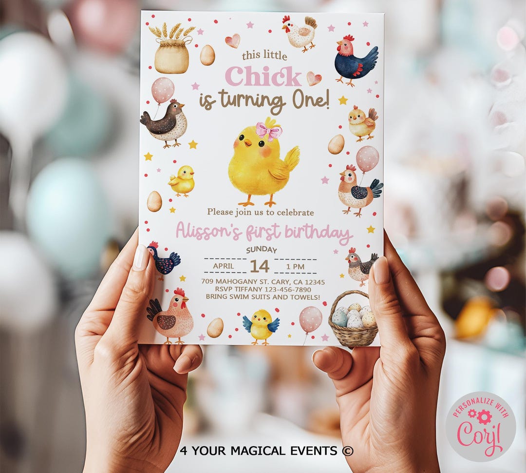This Little Chick is Turning One 1st Birthday Invitation, Girl Chicken ...