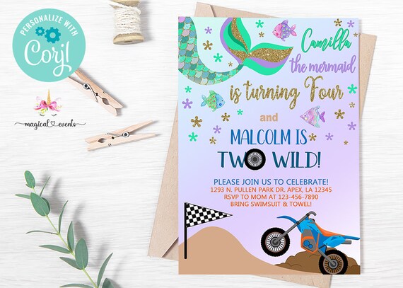 Siblings Motorcycle and Mermaid Birthday Invitation Boy Girl - Etsy