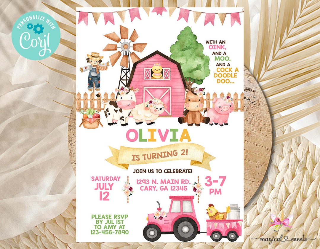 Pink Farm Birthday Invitation, Farm Birthday Invite, Corjl Digital ...